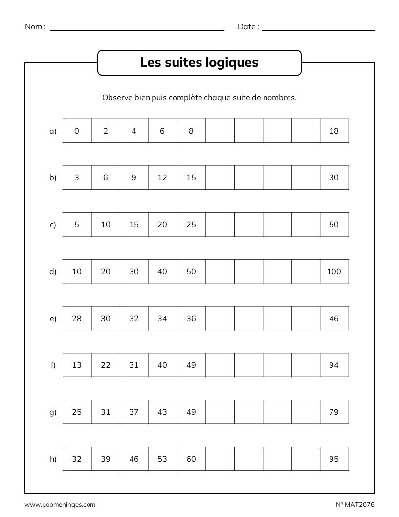 Les suites logiques - Nombres (Fiche #1) | PopMéninges