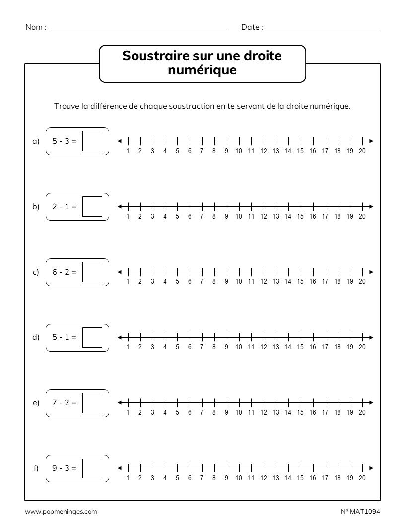 Soustraire sur une droite numérique - Nombres inférieurs à 10 | PopMéninges