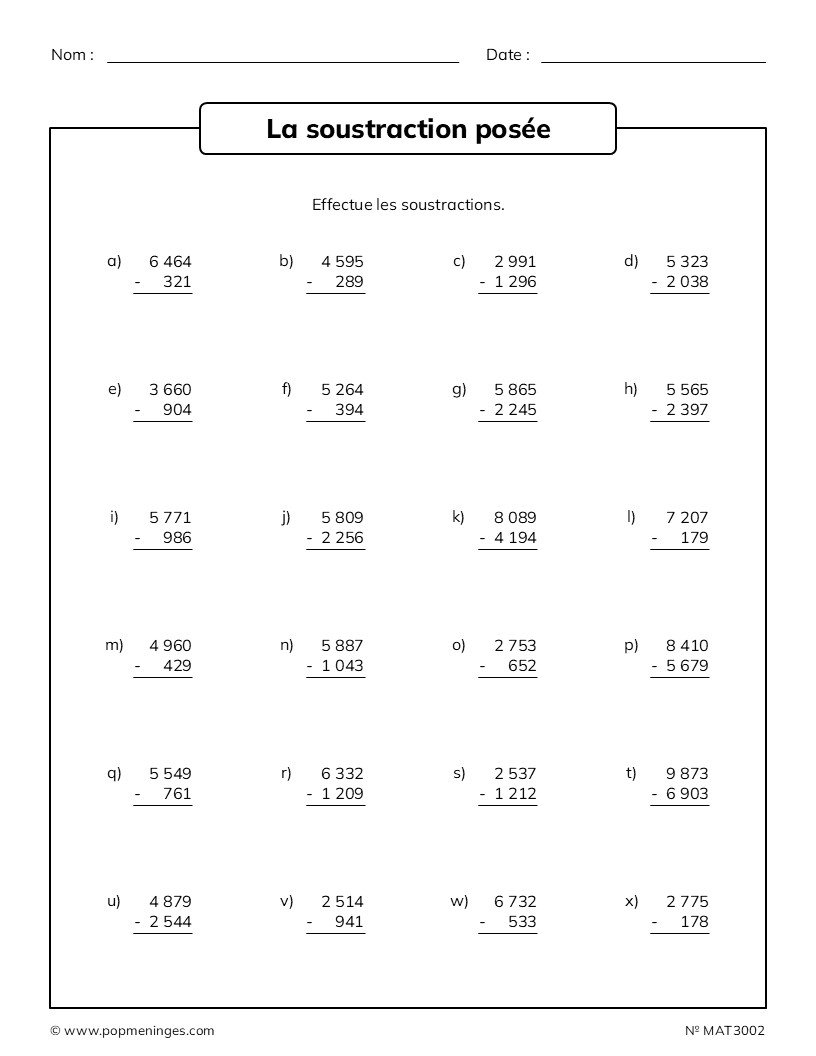 Soustraction posée de nombres à 3 et 4 chiffres (Fiche B) | PopMéninges