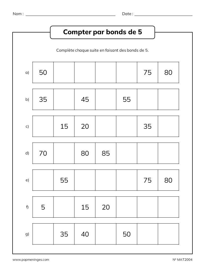 Compter par bonds de 5 - Nombres inférieurs à 100 | PopMéninges