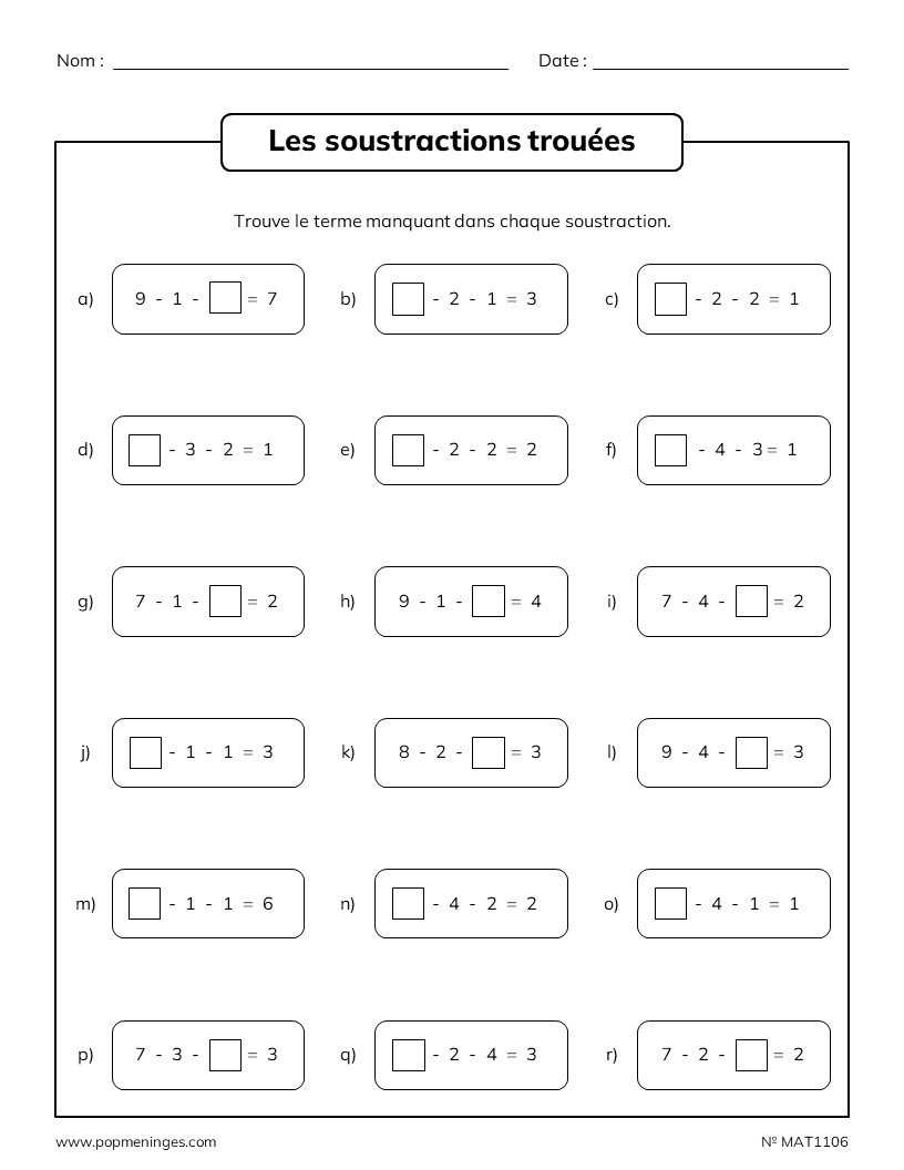 Soustraction à trois chiffres avec un terme manquant | PopMéninges