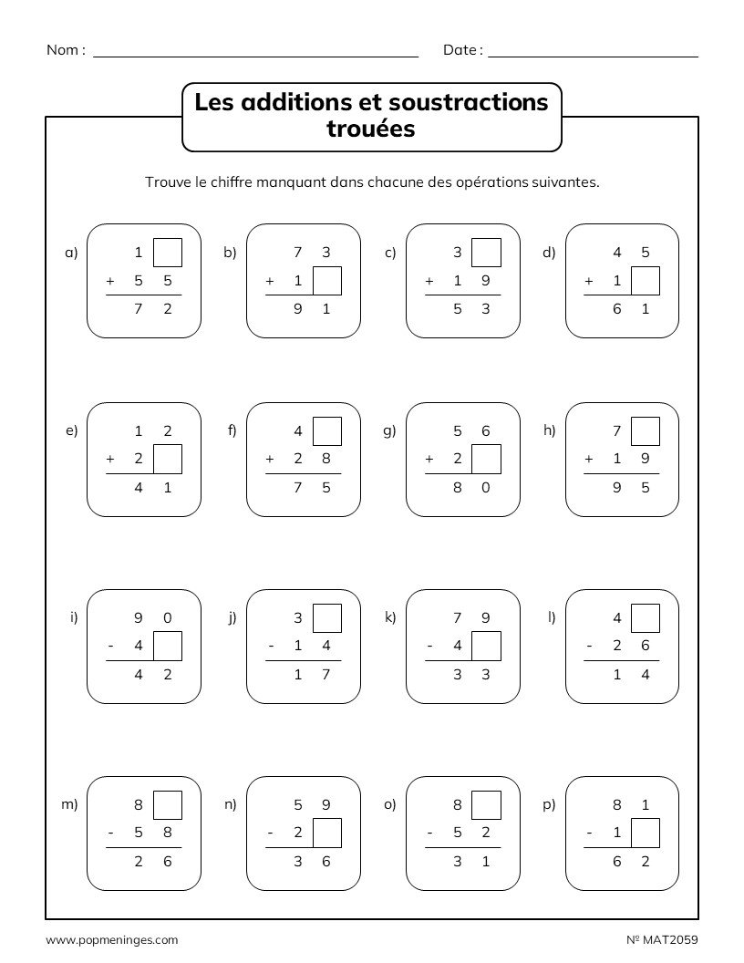 Les additions et soustractions trouées | PopMéninges