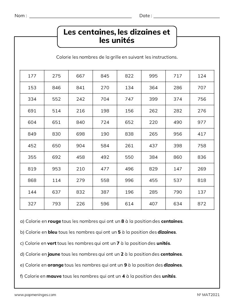 Les centaines, les dizaines et les unités - À colorier | PopMéninges