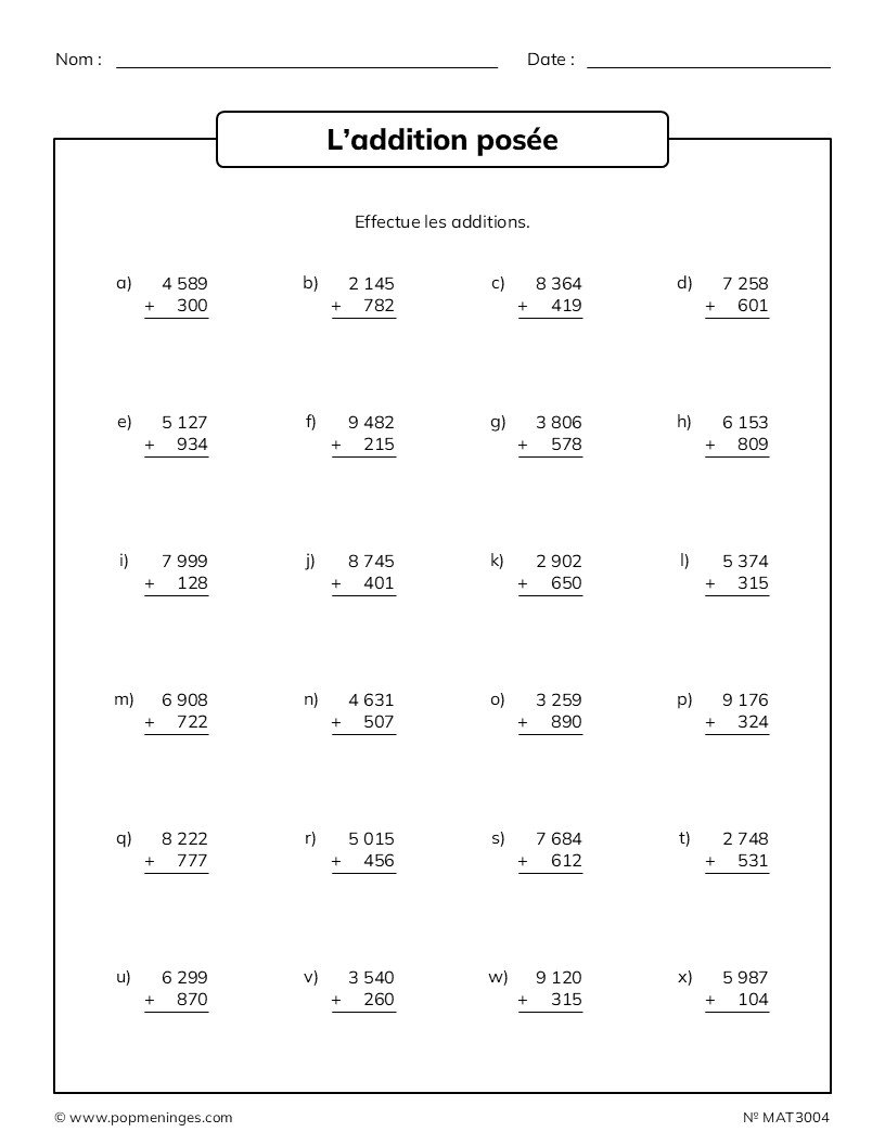 Addition posée de nombres à 3 et 4 chiffres (Fiche B) | PopMéninges