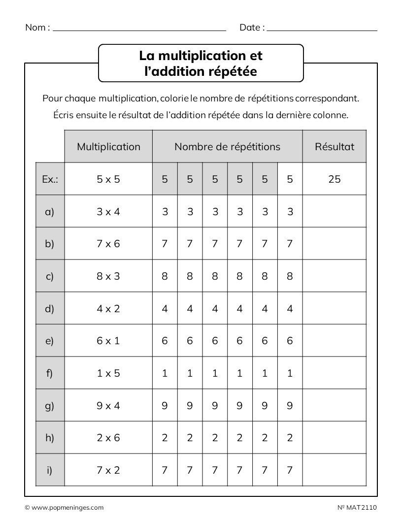 La multiplication et l'addition répétée - Grille #3 | PopMéninges