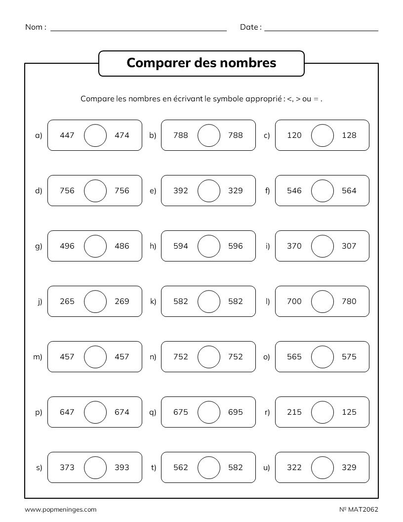 Comparer des nombres - Inférieurs à 1000 | PopMéninges