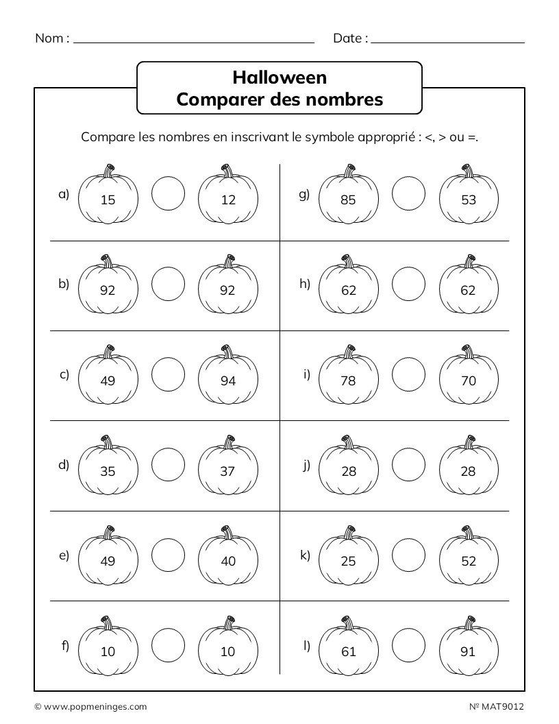 Halloween - Comparer des nombres inférieurs à 100 | PopMéninges