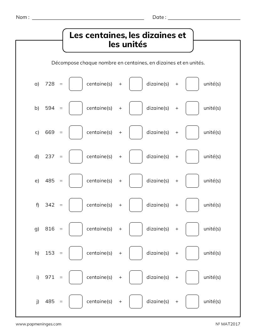 Centaines, dizaines, unités - Décompose les nombres (Fiche #1 ...