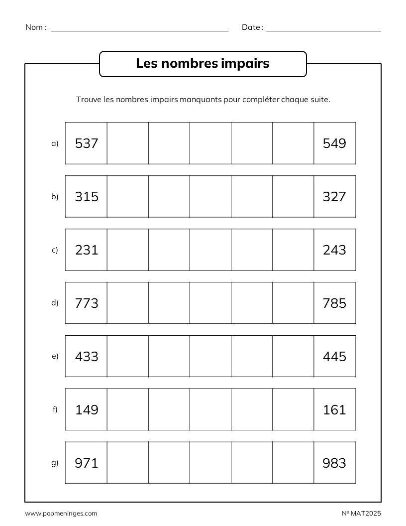 Les nombres impairs - Suites de nombres inférieurs à 1000 | PopMéninges