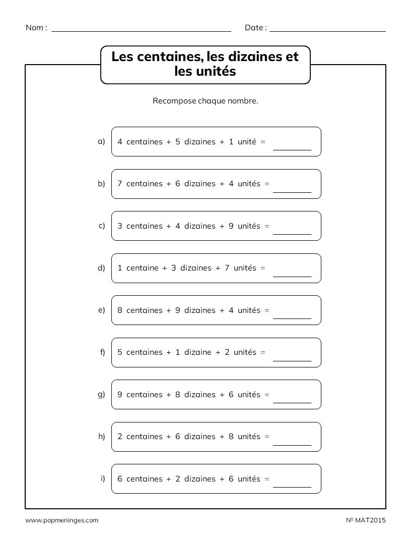 Centaines, dizaines, unités - Recompose les nombres (Fiche #1 ...
