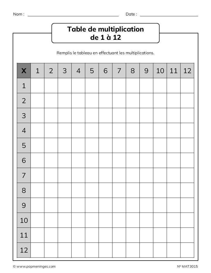 Table de multiplication de 1 à 12 - Grille vide | PopMéninges