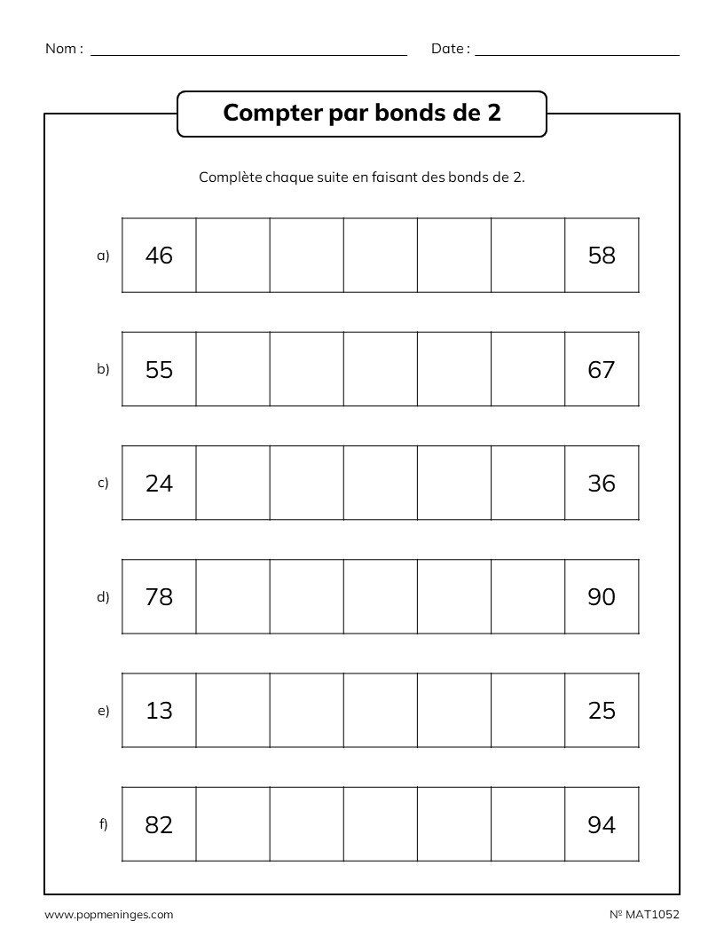 Compter par bonds de 2 - Suites à compléter | PopMéninges