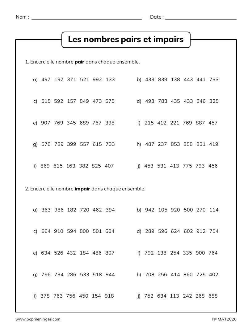 Les nombres pairs et impairs - Inférieurs à 1000 | PopMéninges