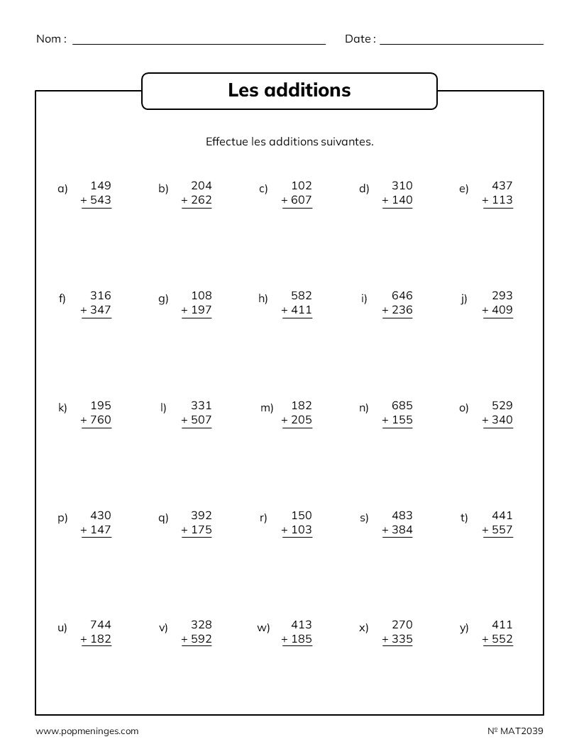 Addition de deux nombres à 3 chiffres - Avec et sans retenue | PopMéninges