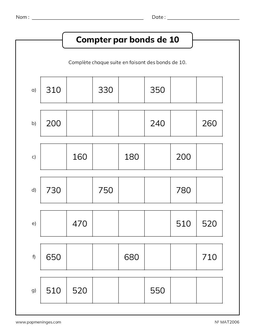 Compter par bonds de 10 - Nombres inférieurs à 1000 | PopMéninges