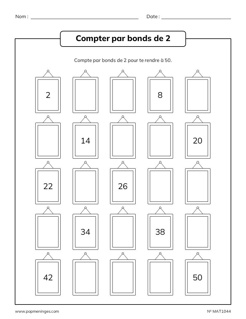 Compter par bonds de 2 jusqu'à 50 - Cases préremplies | PopMéninges