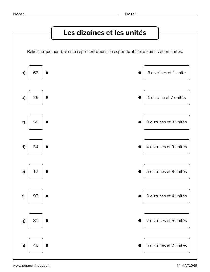 Les dizaines et les unités - Nombres à relier | PopMéninges