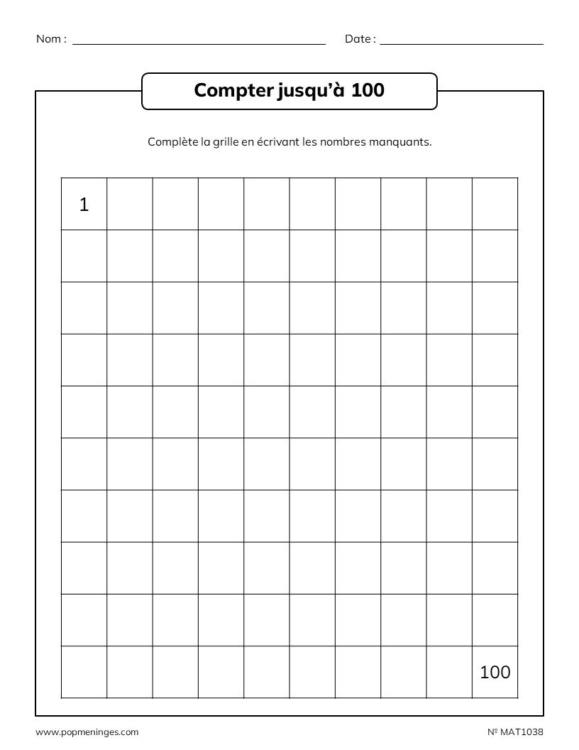 Compter jusqu'à 100 - Grille vide | PopMéninges