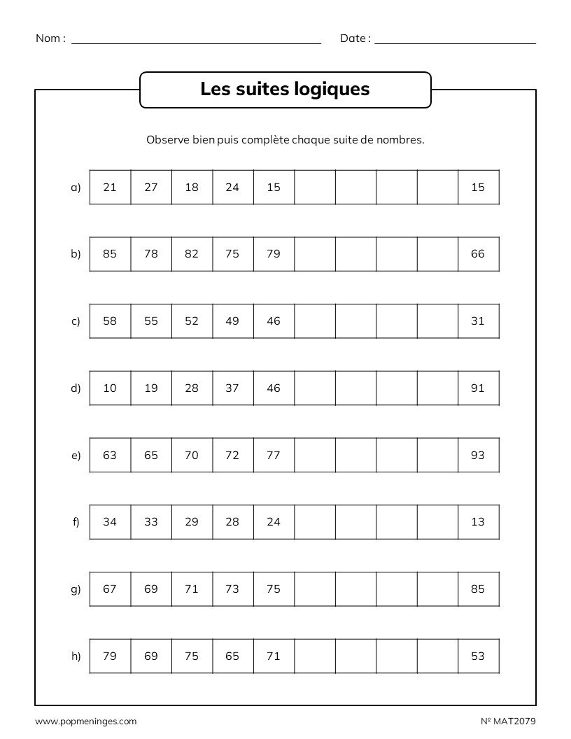Les suites logiques - Nombres (Fiche #2) | PopMéninges