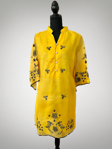 Women's Pinya Cocoon Yellow Filipina Dress with Black Embroidery ...