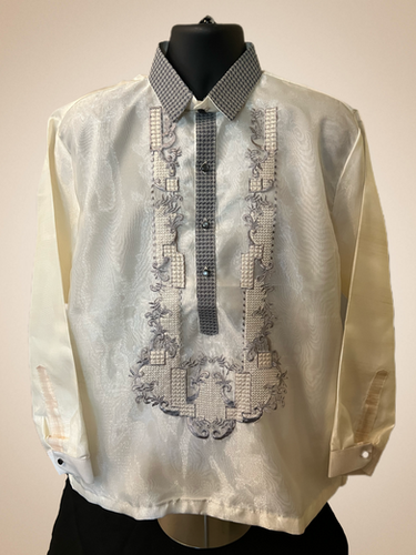 Men's Organza Beige Long Sleeve Barong Tagalog with Silver Pattern ...