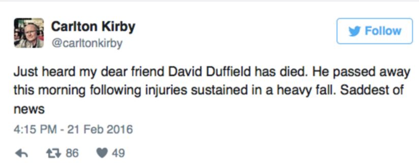 Sports commentator David Duffield passes away following fall Sports commentator David Duffield passes away following fall
