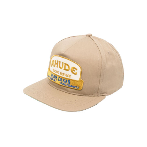 RHUDE PARIS DAKAR LOGO TRUCKER HAT IN TAN | Platinum