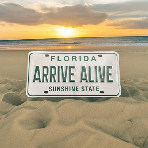 Green Florida Arrive Alive Vanity License Plate | Blue Hawk Coins