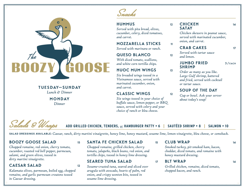 BOOZY GOOSE FOOD MENU | goosecreekclub