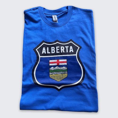 Crew Neck T-shirt: Distressed Alberta Logo | SNM Alberta Swag