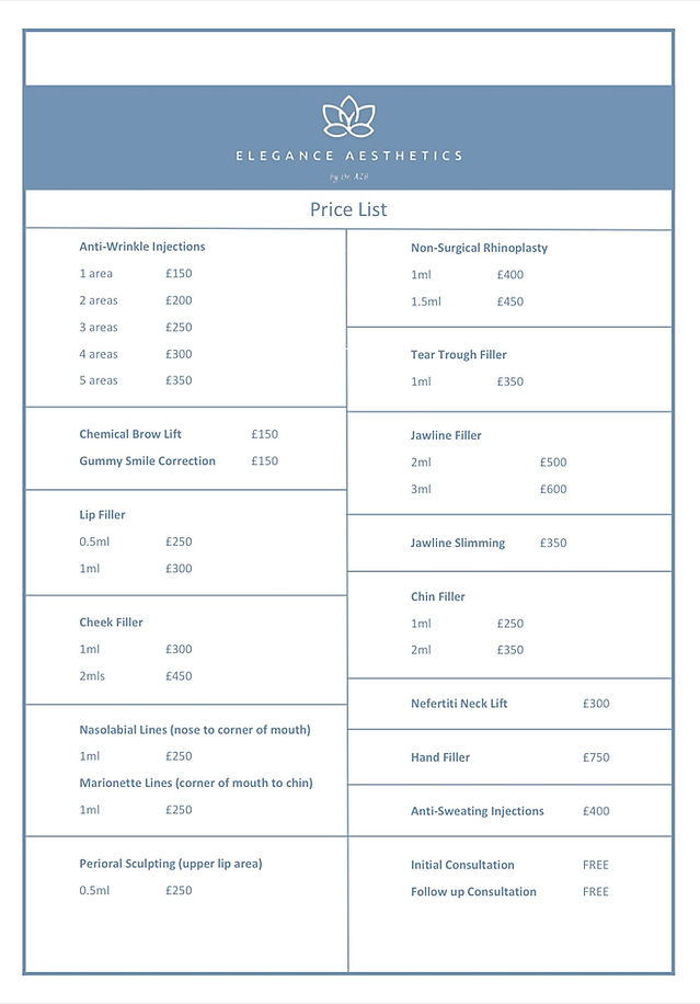 Price List | Elegance Aesthetics