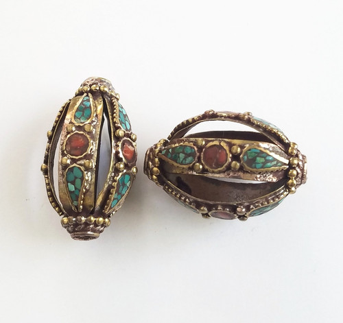 Large Hole, Large Oval Tibetan Turquoise Inlay Cage Bead | Kate's Treasure