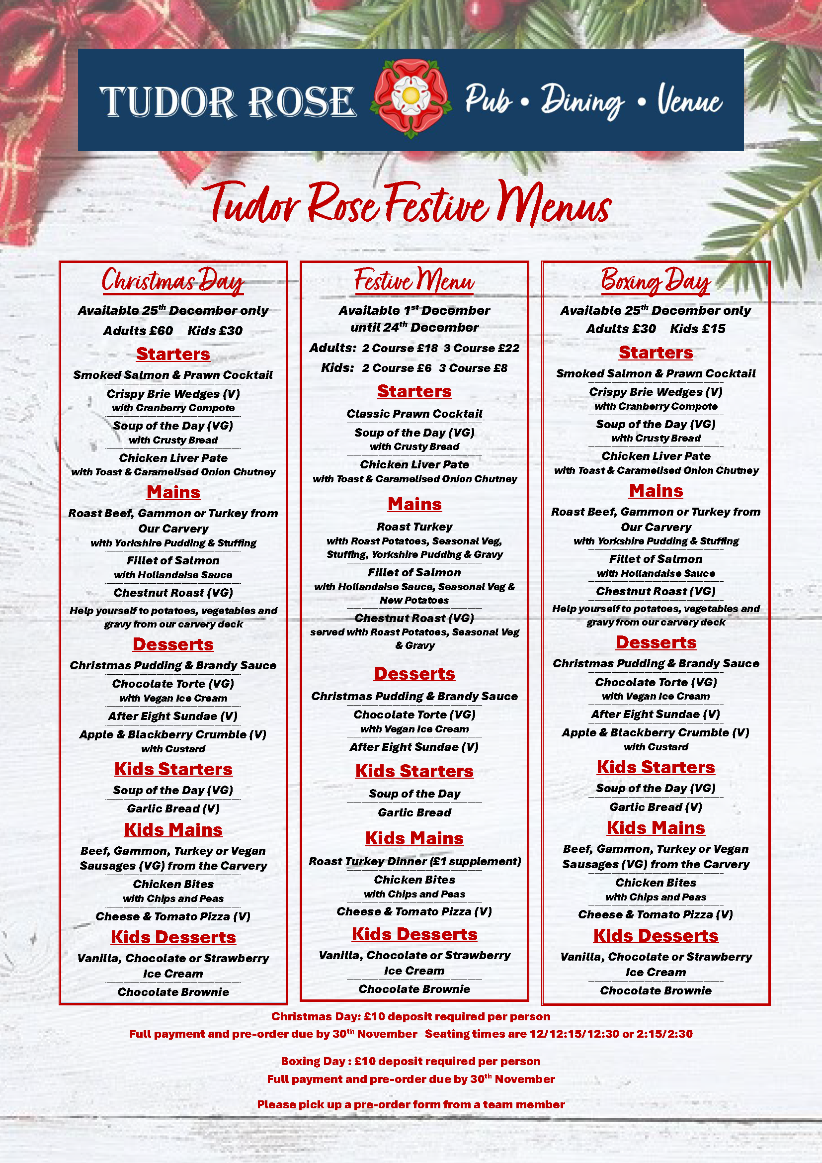 Menus | Tudor Rose, Two Mills, Ledsham