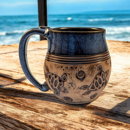 Turtles stoneware pottery mug in blue rutile | Dirty Dog Pottery