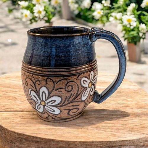 White daisy floral handmade stoneware pottery mug in blue rutile mug ...