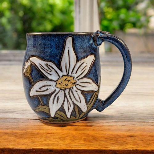 White daisy stoneware mug in blue | Dirty Dog Pottery