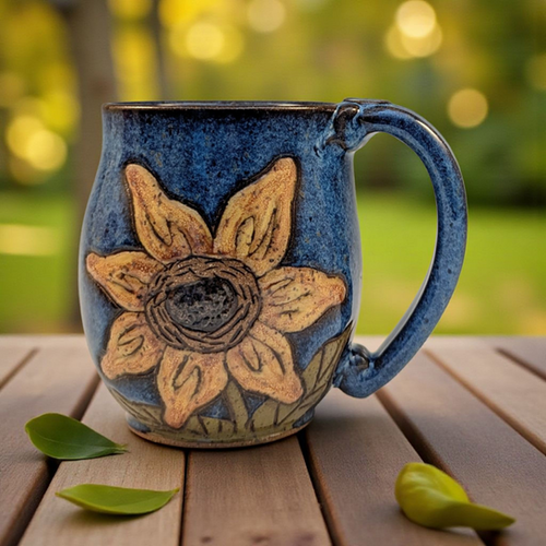 Sunflower stoneware mug in blue rutile | Dirty Dog Pottery