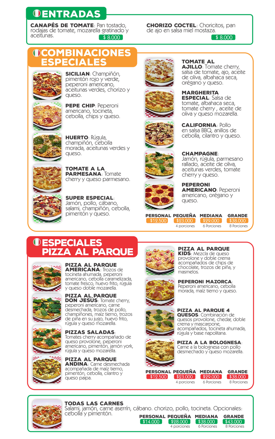 Menú pizzas Pizza al Parque