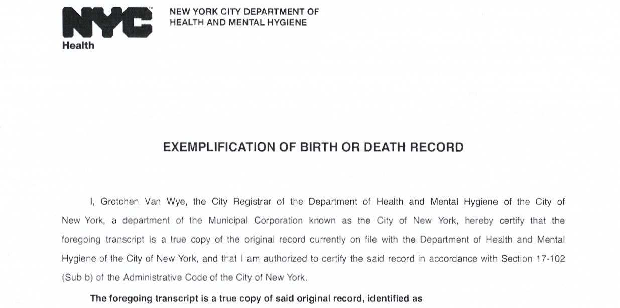 Letter of Exemplification NYC Health Department