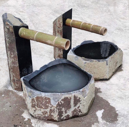 Basalt Bowl Water Feature - Bamboo Tap | wellstonedleeds