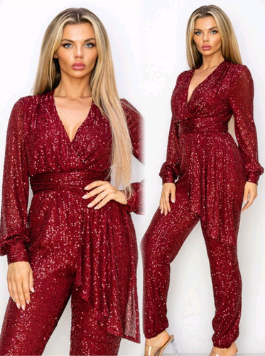 Burgundy Sequins Jumpsuit | Jackie's Collection