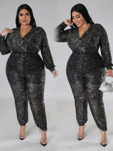 Black Sequins Jumpsuit (Plus) | Jackie's Collection