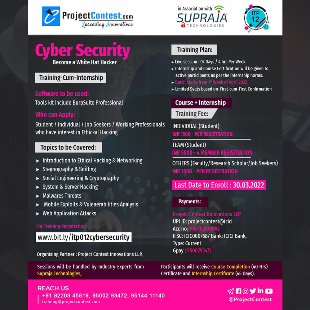 Cyber Security (Become a White Hat Hacker) -Training cum Internship by Supraja Technologies I ITP012