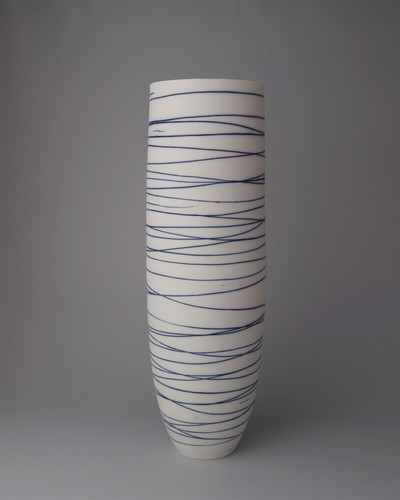 Tall narrow base vase. Blue lines | Ali Tomlin Ceramics