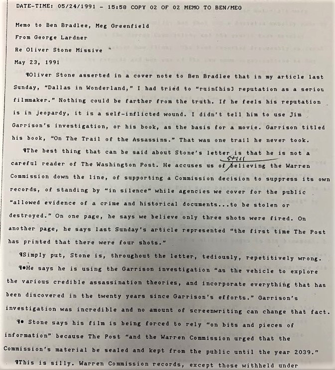 George Lardner's internal Washington Post Memo about Oliver Stone
