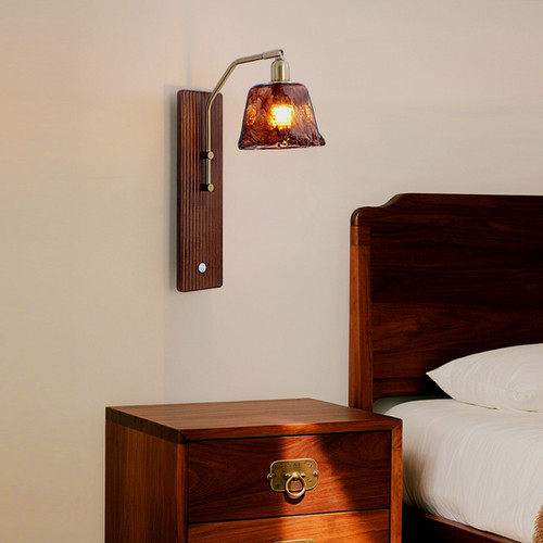 Artisan Wood Wall Light with 350° Arm & Amber Glass Shade | Maso Lighting