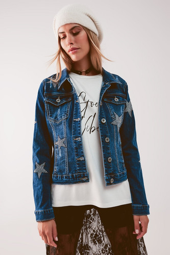 Denim Jacket With Star Embellishment in Midwash | Messy Luna