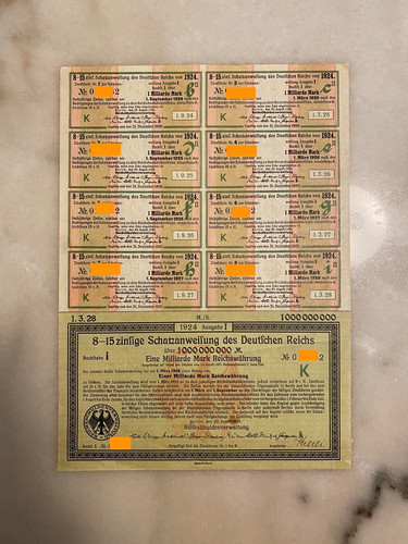 German Government Treasury Bond, 1,000,000,000 Mark, Series I, Letter K ...