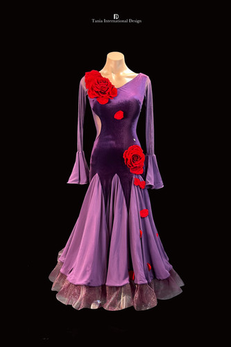 【TID M292D】 プレミアムボールルームワンピース（紫×赤薔薇) | adsjapan-danceshoes