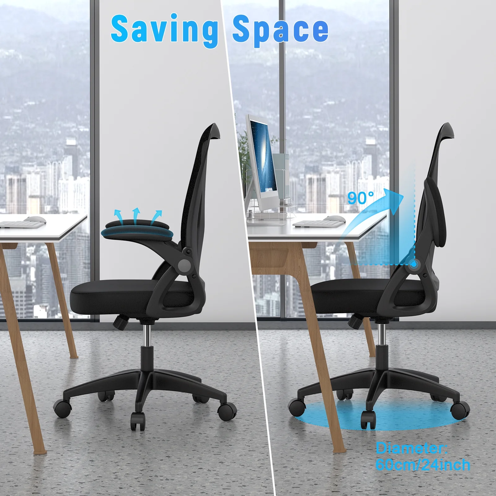 Biggzia Ergonomic Mesh Back Office Chair , Flip Up Arm , Black | COS Ltd.
